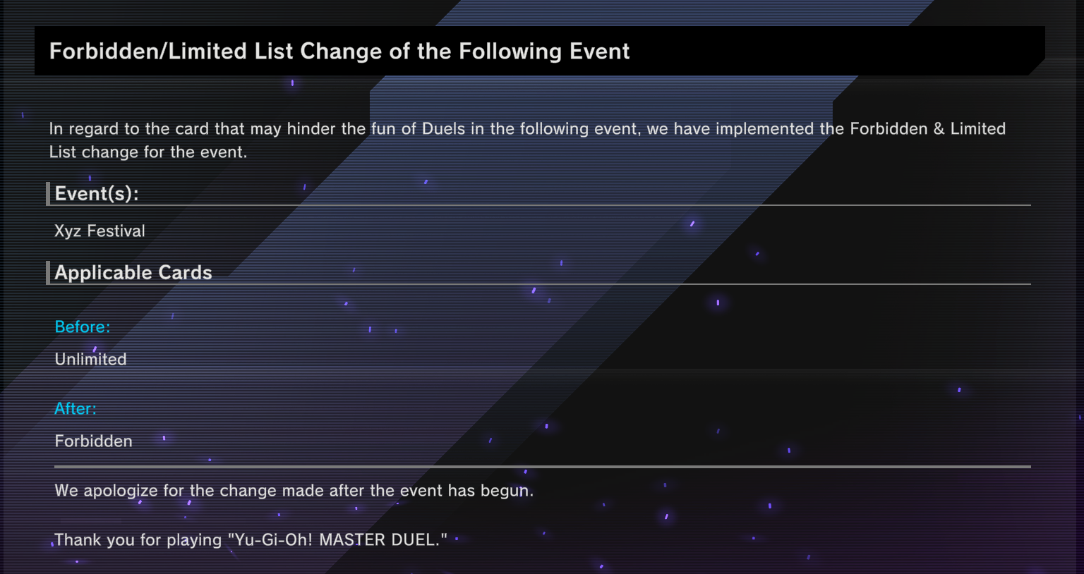 YGOrganization | [Master Duel] New F/L List and Mystery Card Forbidden for Xyz Festival