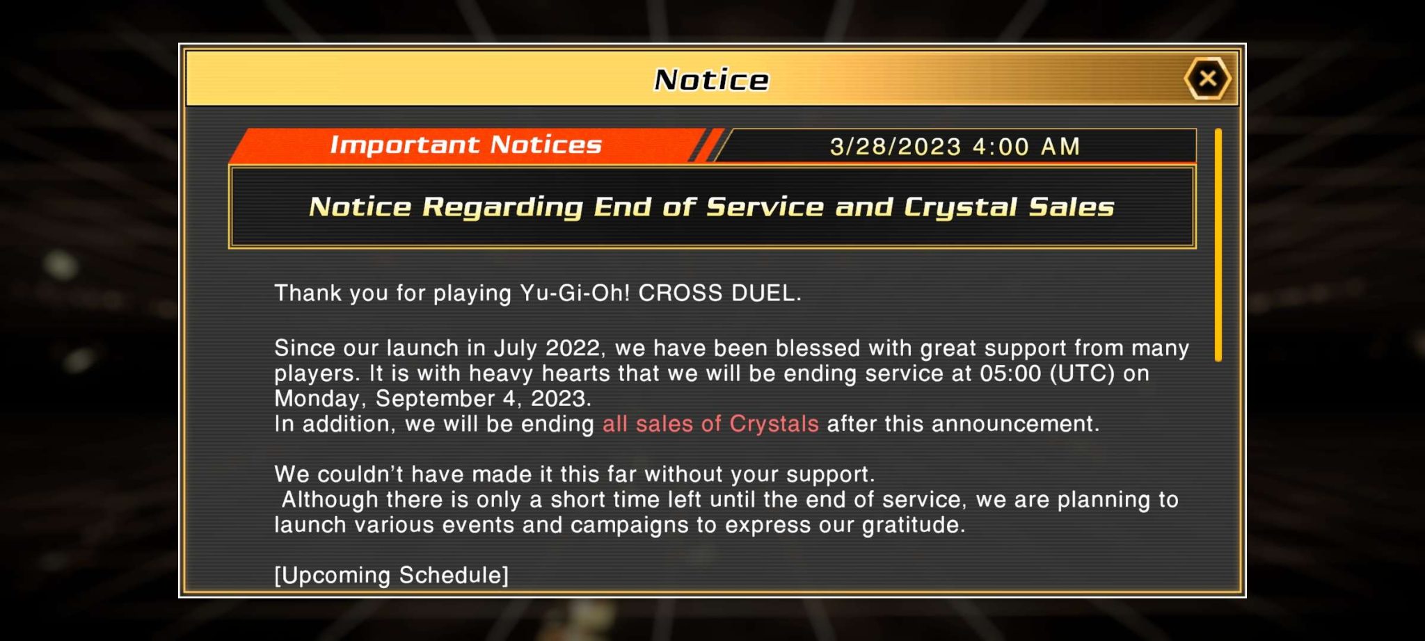 YGOrganization | [Cross Duel] End of Service Announcement