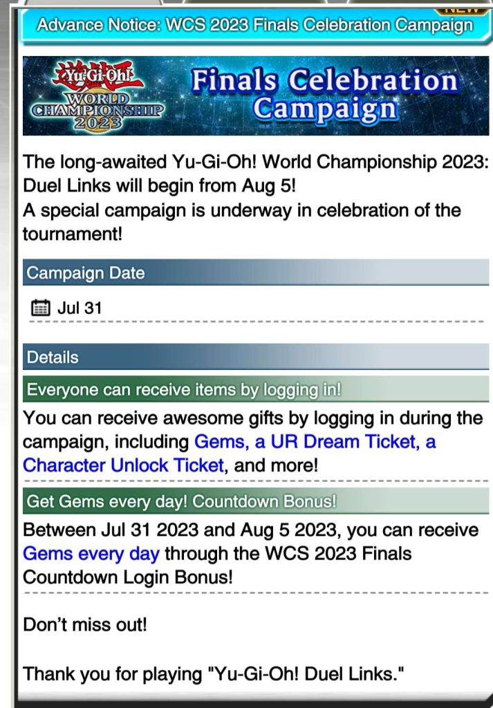 YGOrganization | [Duel Links] Yu-Gi-Oh! World Championship 2023: Duel Links Celebration Campaign!