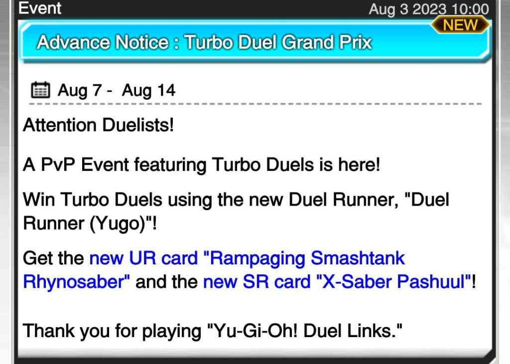 YGOrganization | [Duel Links] Turbo Duel Grand Prix PVP Event!