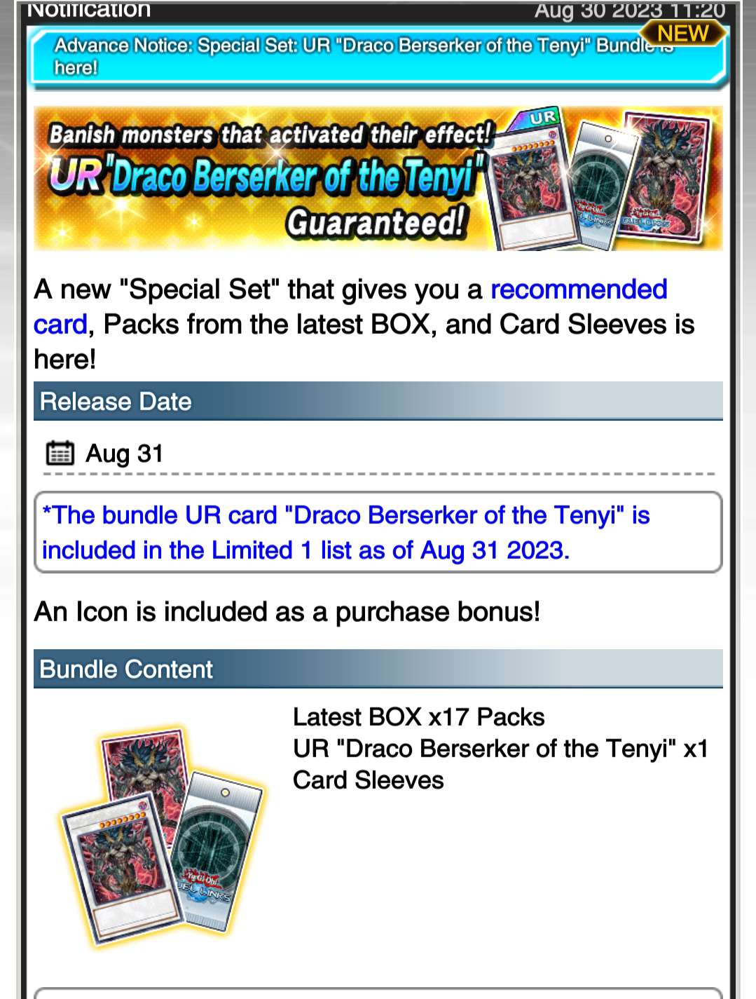 YGOrganization | [Duel Links] Special Set: UR Draco Berserker of the Tenyi
