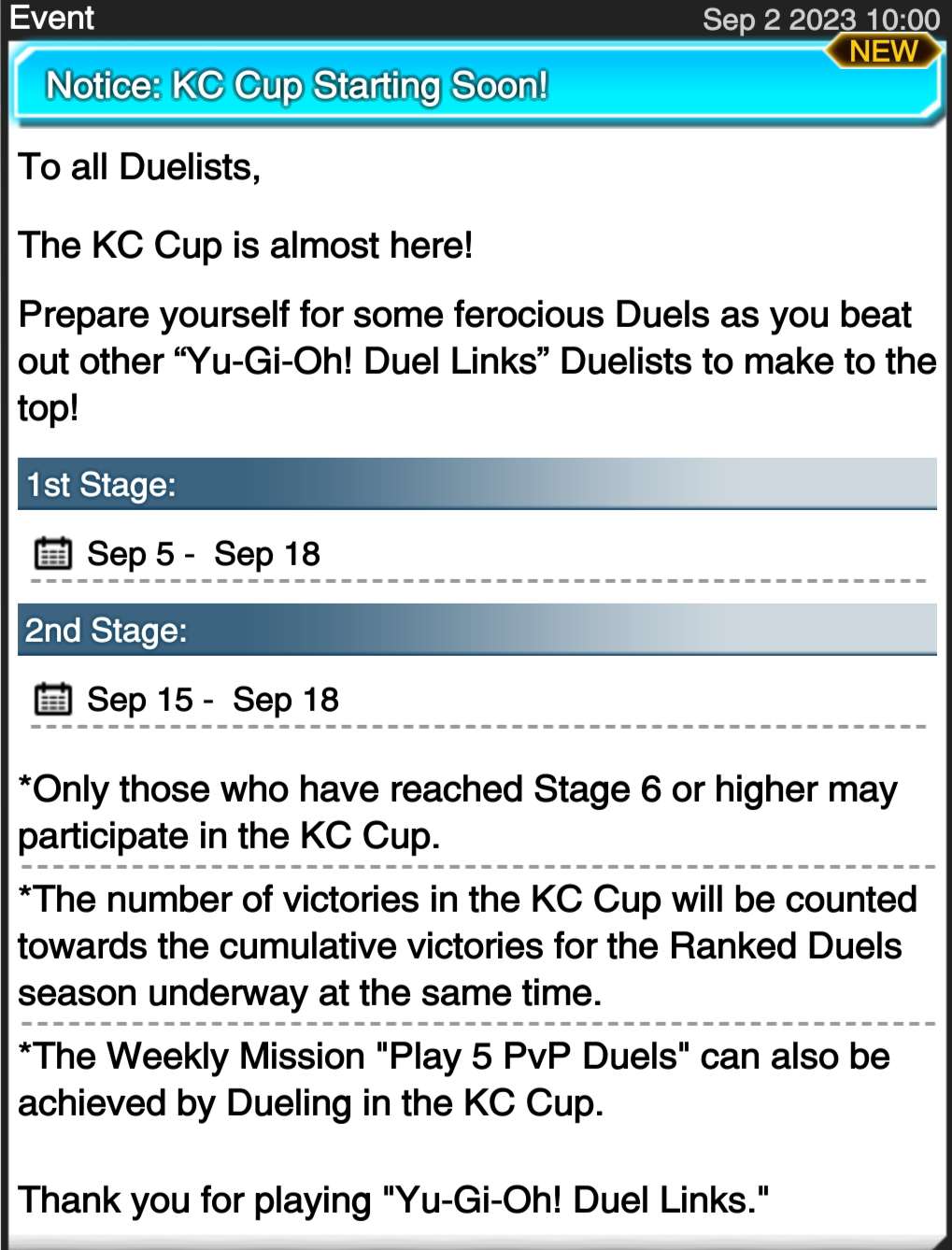 YGOrganization | [Duel Links] September’s KC Cup Notification